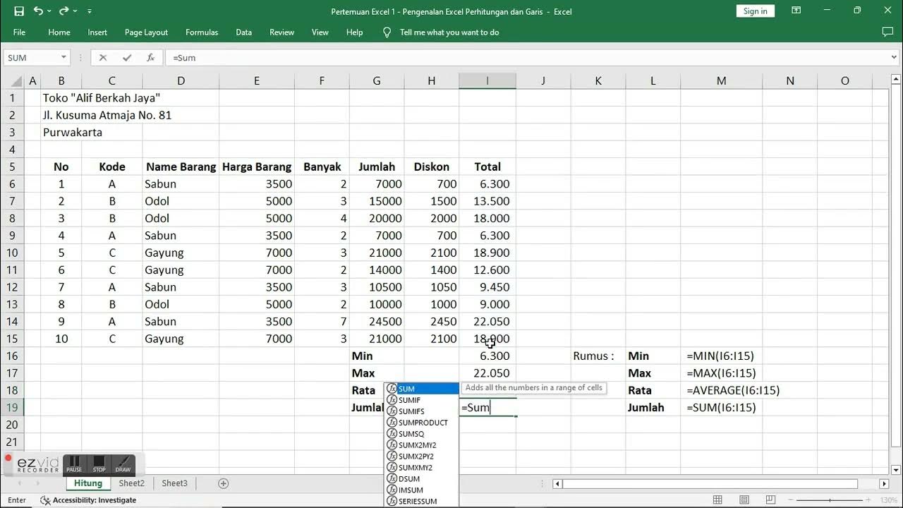 Pertemuan 1 Materi Excel Garis Dan Hitungan Sum 1 - YouTube