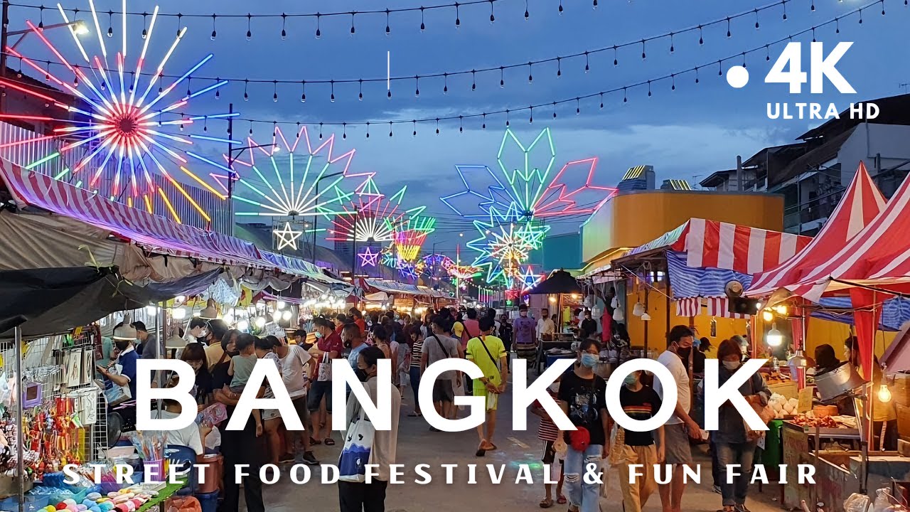 [4K] Walking around Street Food Night Market and Fun Fair in Bangkok ...