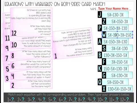 Student Instructions - Equations with Variables on Both Sides Card ...