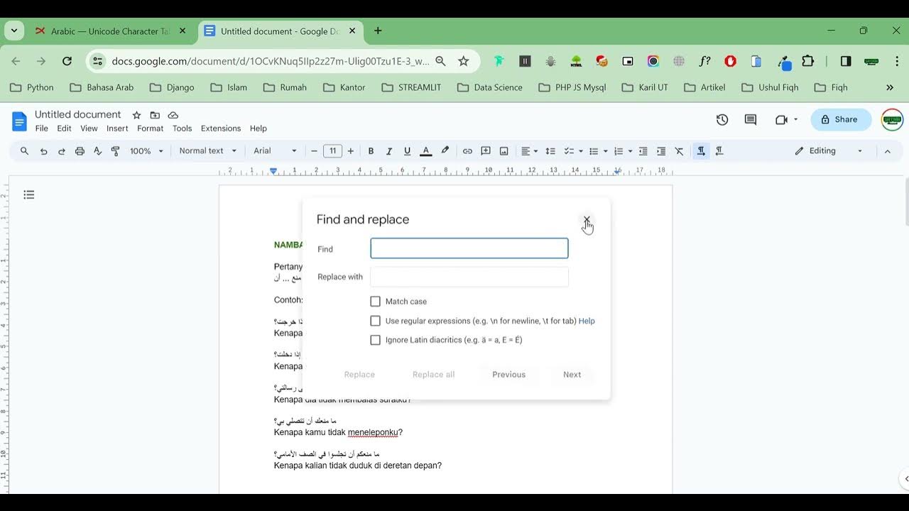 Menggunakan Regular Expressions Regex untuk menghilangkan Arabic di Google Docs - YouTube
