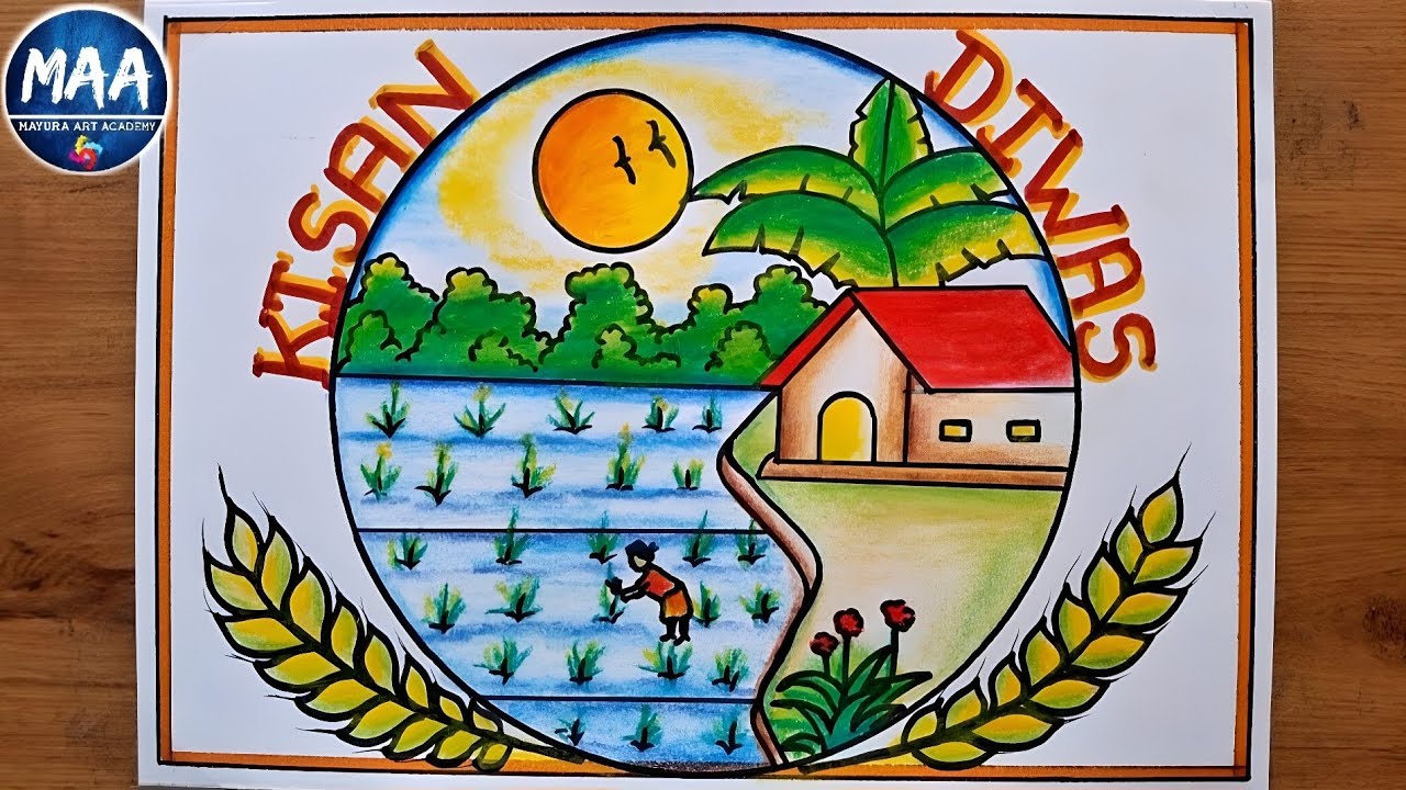 Kisan Diwas Drawing | National Farmer's Day Drawing | Paddy field with ...