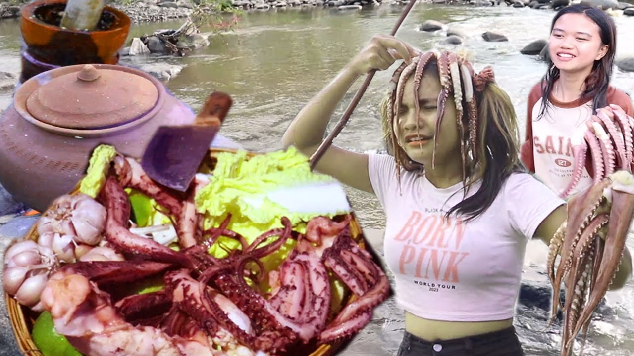 Funny Find Food In River Meet and Cooking Octopus Eating Delicious With ...