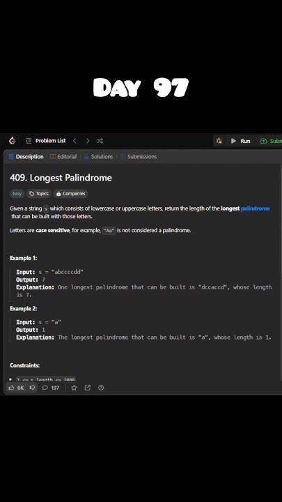 LeetCode 409 | Longest Palindrome #javaprogramming #100daysofcodingchallenge - YouTube