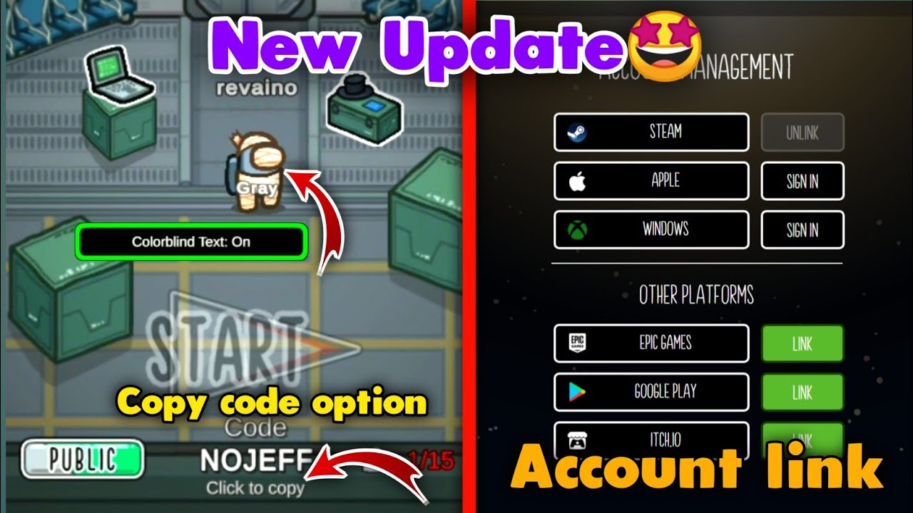 Among us - New update ( colorblind, copy code, Account link And fix 100 ...