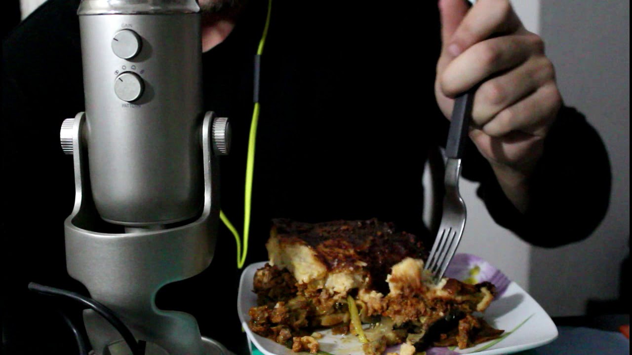 ASMR Eating : Greek Moussaka ( Greek Whispering ) - YouTube