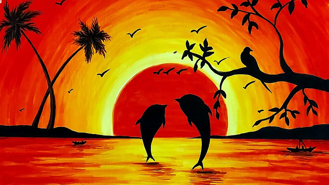 Dolphin Sunset Scenery Drawing With Marker for beginners – Dolphin ...