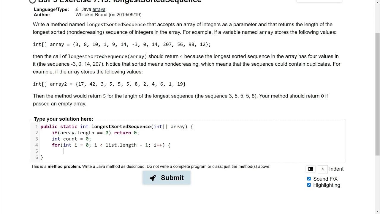 Exercise 7.13 (longestSortedSequence) Java Tutorial || Practice-It - YouTube