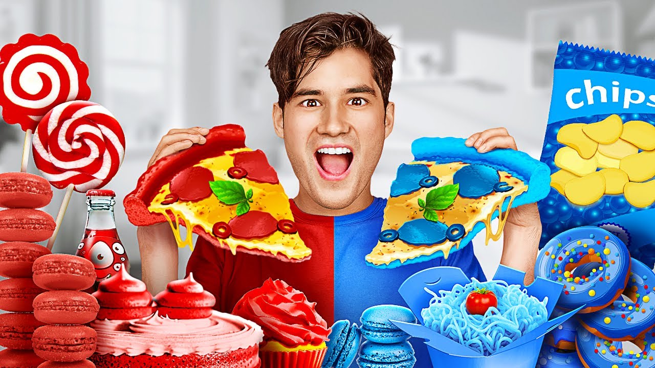 RED VS BLUE FOOD CHALLENGE || Eating One Color Food 24 Hours! Extreme ...