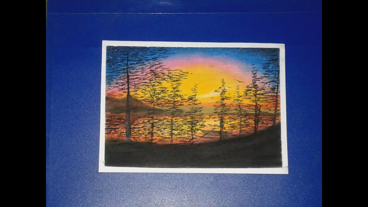 cara menggambar gradasi warna saat senja ditepi hutan dengan crayon ...