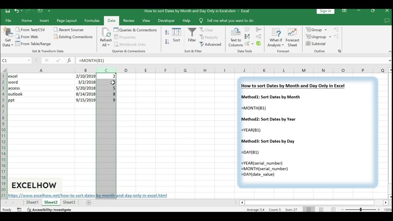 How To Sort Dates By Month And Day Only In Excel Youtube