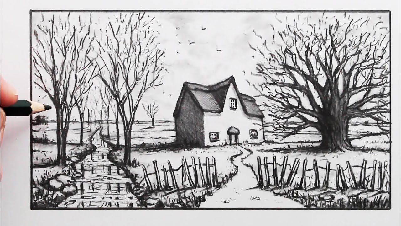 How to Draw a Cottage in a Landscape - YouTube