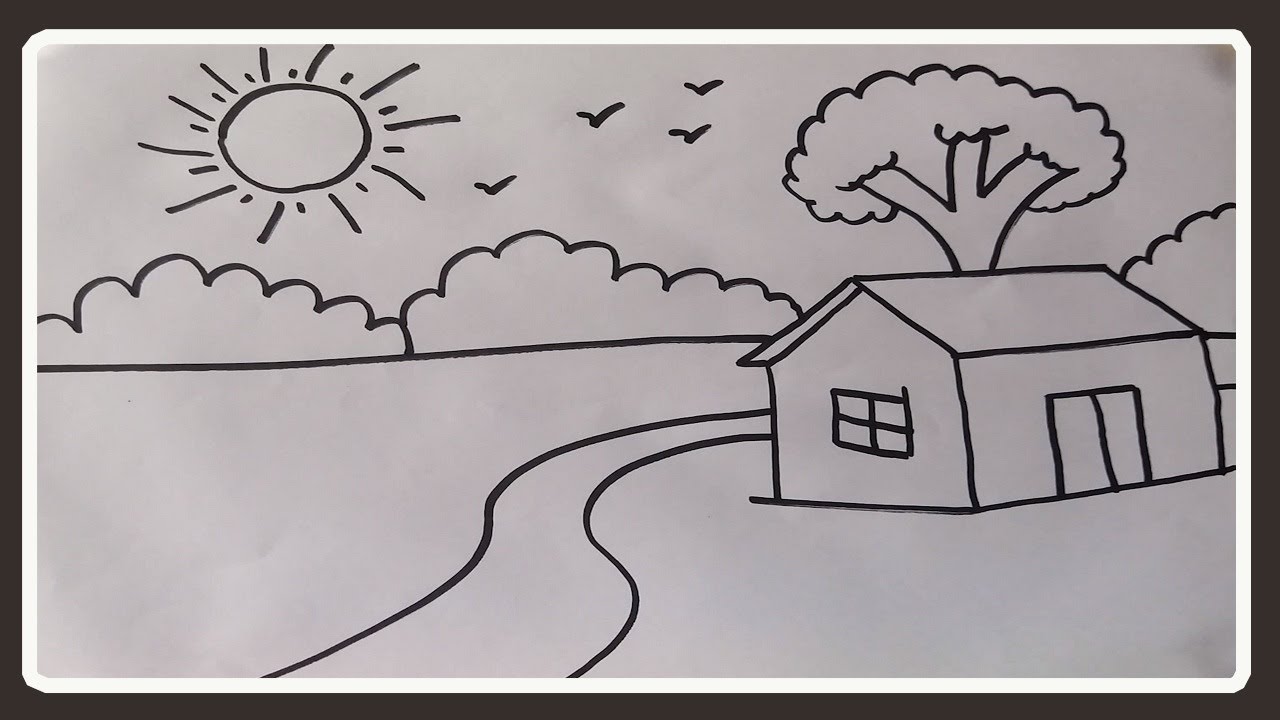 Village Scenery Drawing | Prakritik Drishya | Easy Drawing For ...