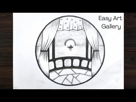 How To Draw Beautiful Circle Scenery || Balcony And Sea View Scenery ...