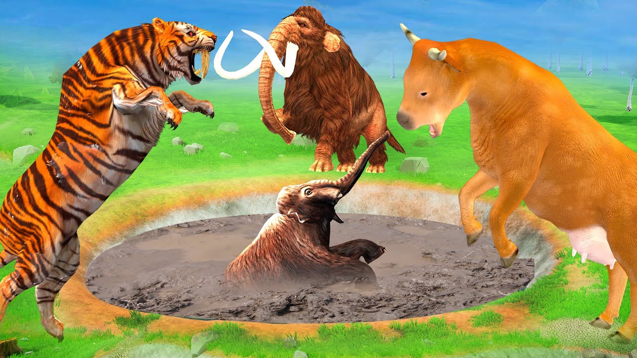 2 Woolly Mammoth Versus Tigers Attack Baby Mammoth and Cow Cartoon ...