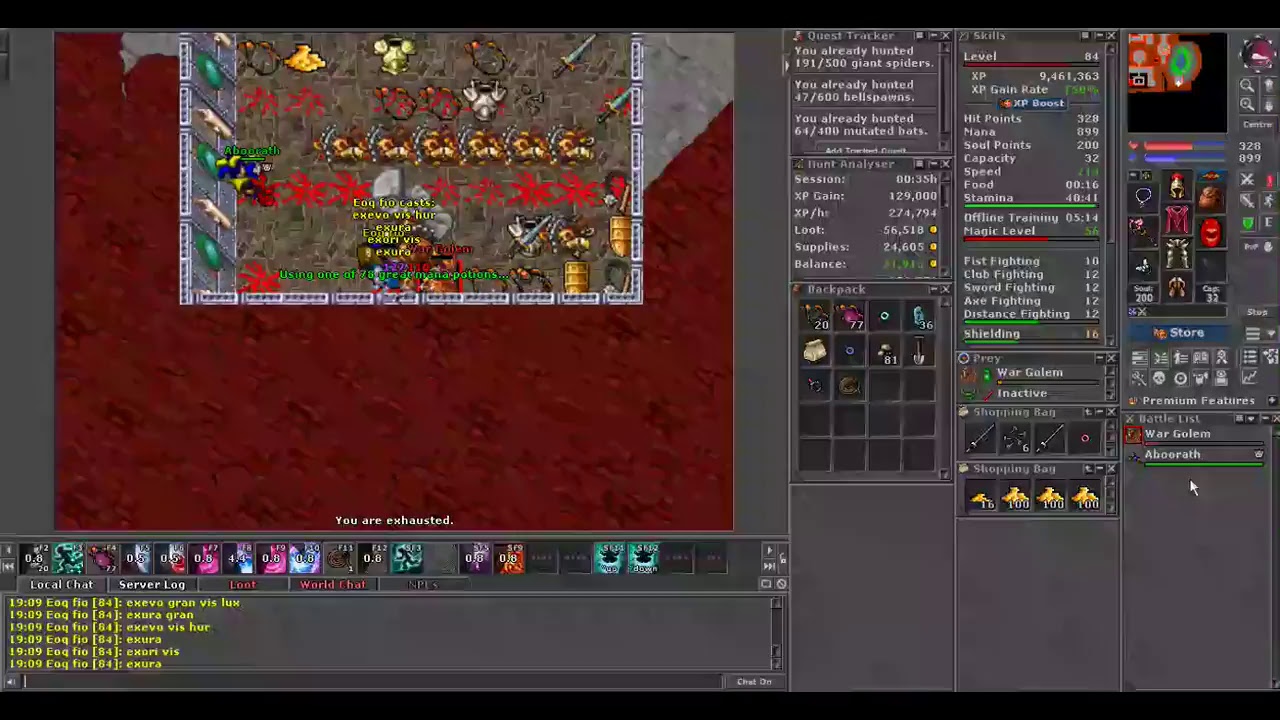 Tibia - MS 80 + War Golem solo - prey de loot 40% - sem micro - YouTube