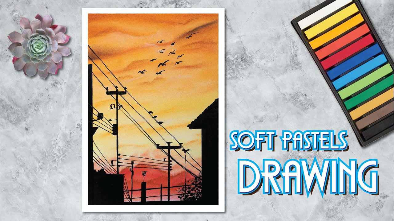 Power lines at sunset painting / Drawing for Beginner with Soft Pastels ...