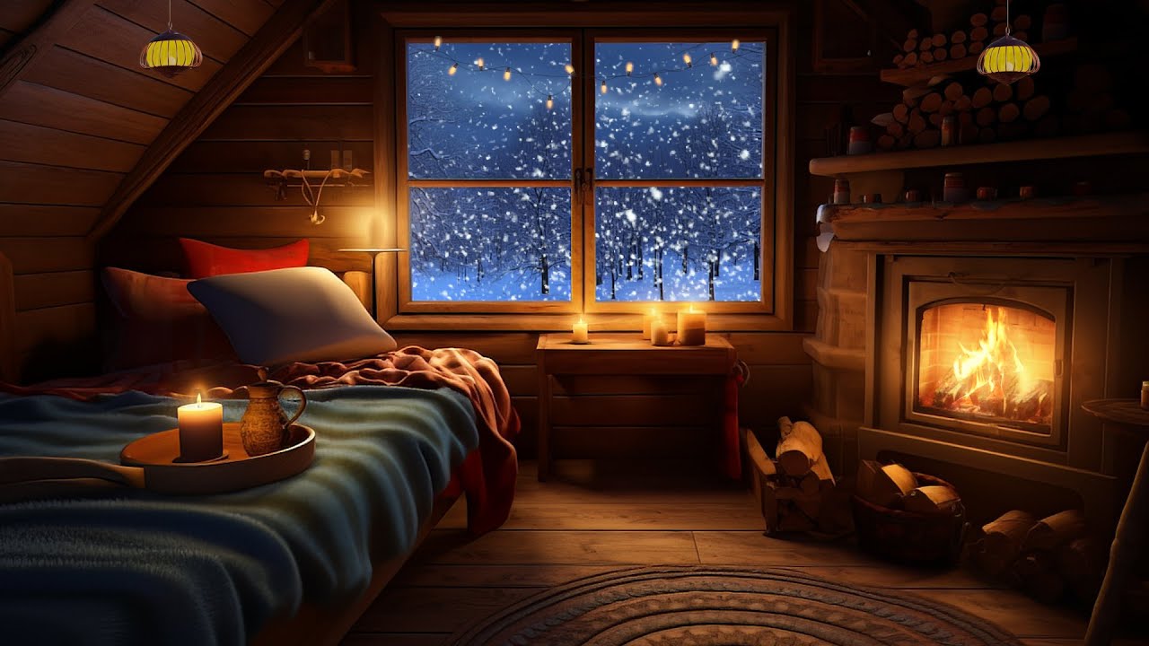 Deep Sleep in a Cozy Winter Hut Relaxing Fireplace Crackling, Blizzard ...