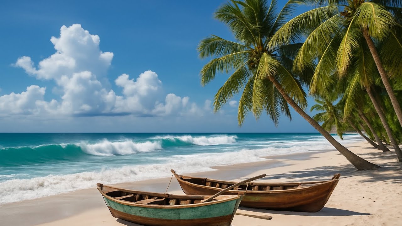 Beautiful beach view two wooden boats - YouTube