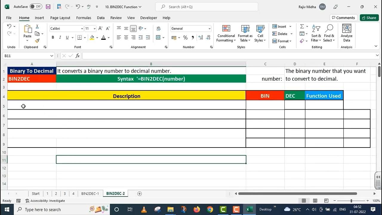 Binary to Decimal BIN2DEC Function - YouTube