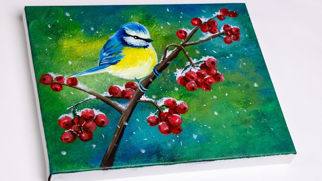 Bird Painting | How to paint bird on branch | Bird in Winter Painting ...