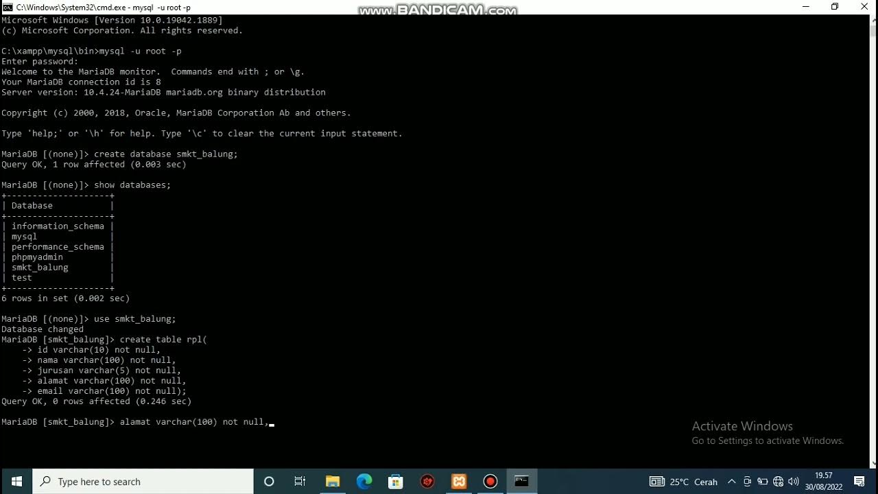 Tutorial cara membuat Database di cmd - YouTube