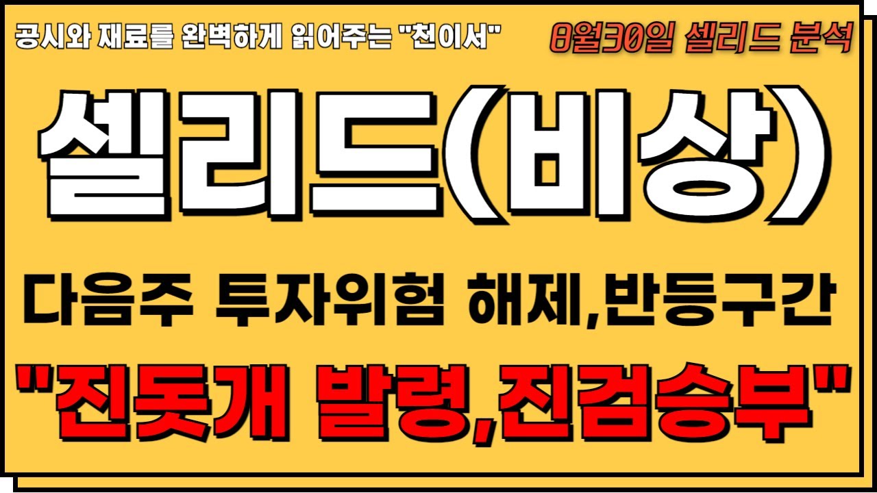 셀리드 주가전망 💥다음주 투자위험 해제 기술적반등 나올 구간 진돗개 발령 이제는 진검승부 셀리드 셀리드주가
