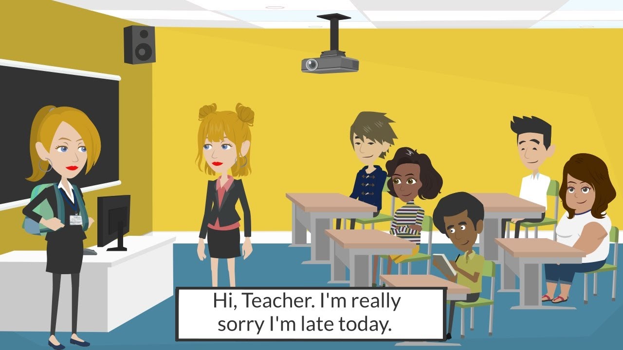 I'm Really Sorry I'm Late: English Conversation at The School | Short ...