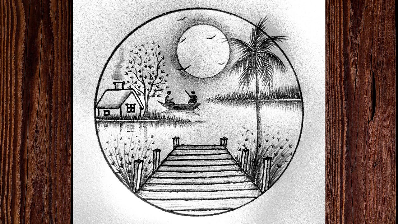 How to drawing river bridge scenery || River wood bridge landscape ...