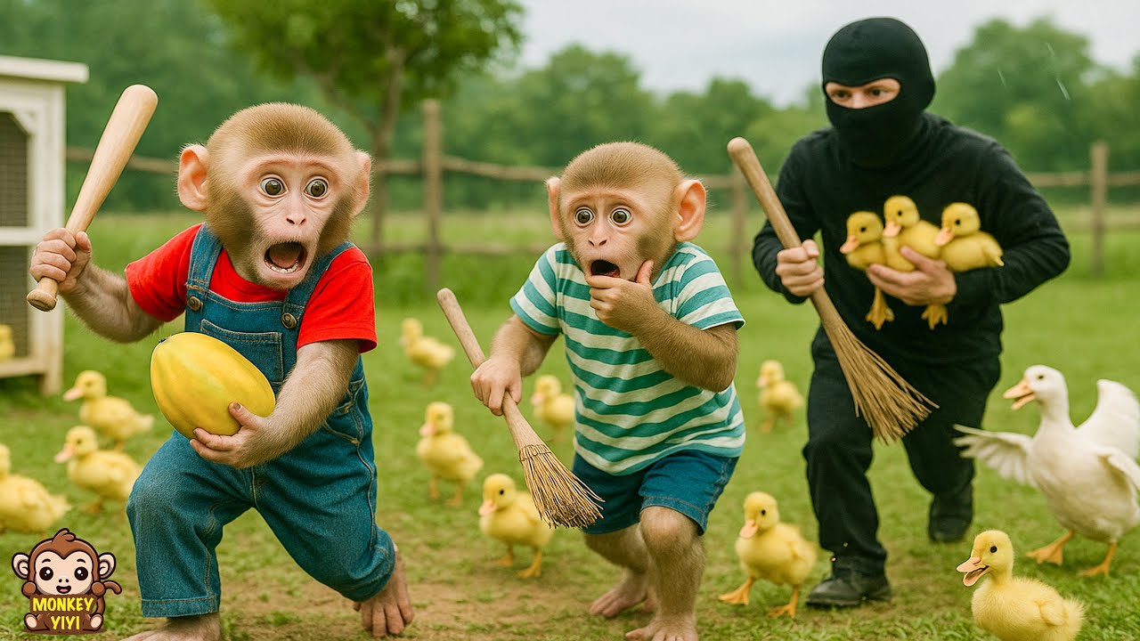 Smart monkeys YiYi and YinYin protect the poor ducklings from the evil ...