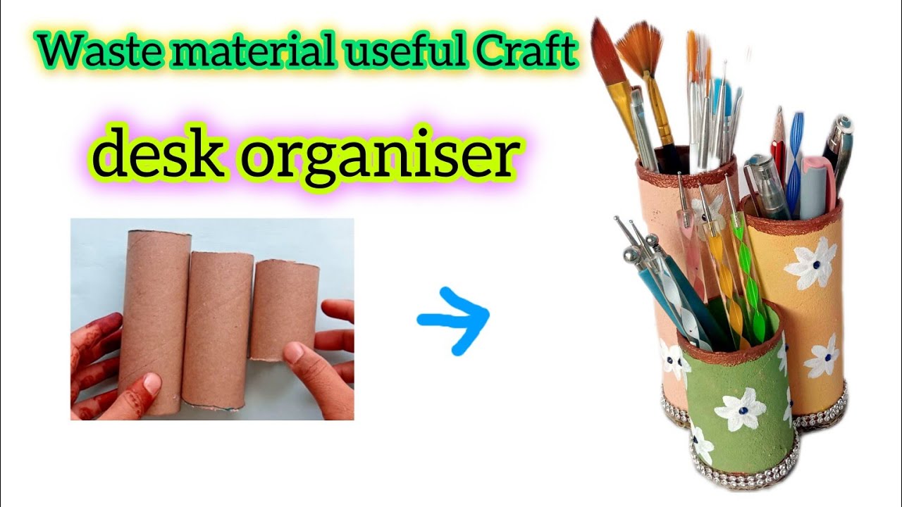 How to make pen holder/desk organiser from waste cardboard roll/diy pen ...