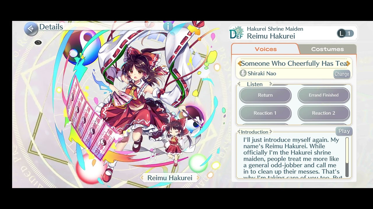 Touhou Lost Word Reimu (L1) Voicelines (Someone Who Cheerfully Has Tea ...