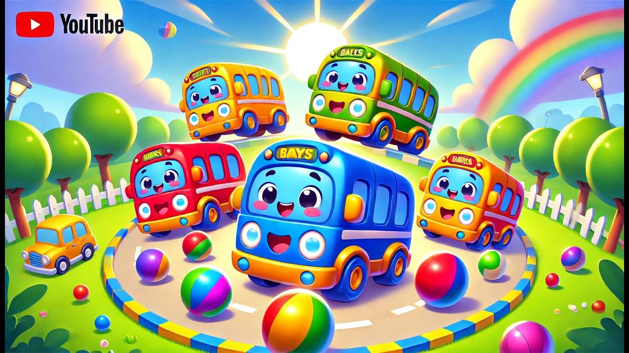 "Five Little Buses Playing with Balls | Fun and Colorful Kids Song with ...