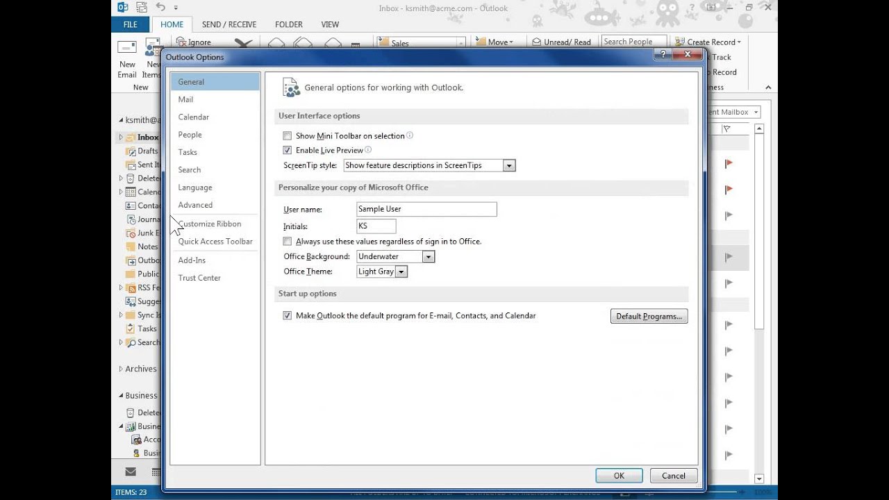 Outlook 2013 Change the Office Background of a Single Computer - YouTube