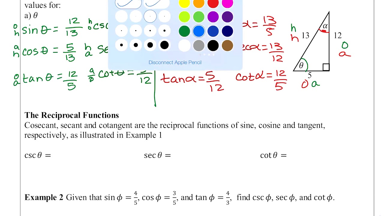 7.1a The 6 Trig Functions and the Function values of 30, 45, and 60 ...