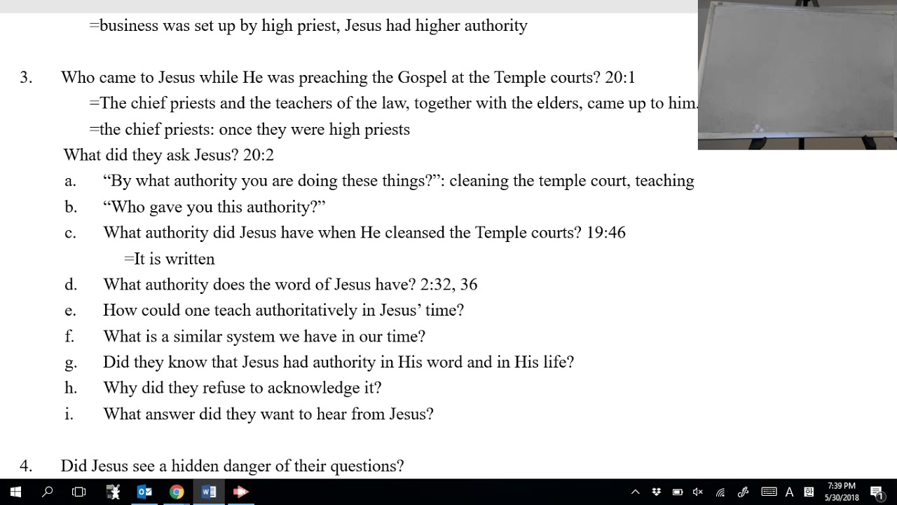 Boksoon Kim Bible Study Luke 20:1-8 The authority of Jesus questioned ...