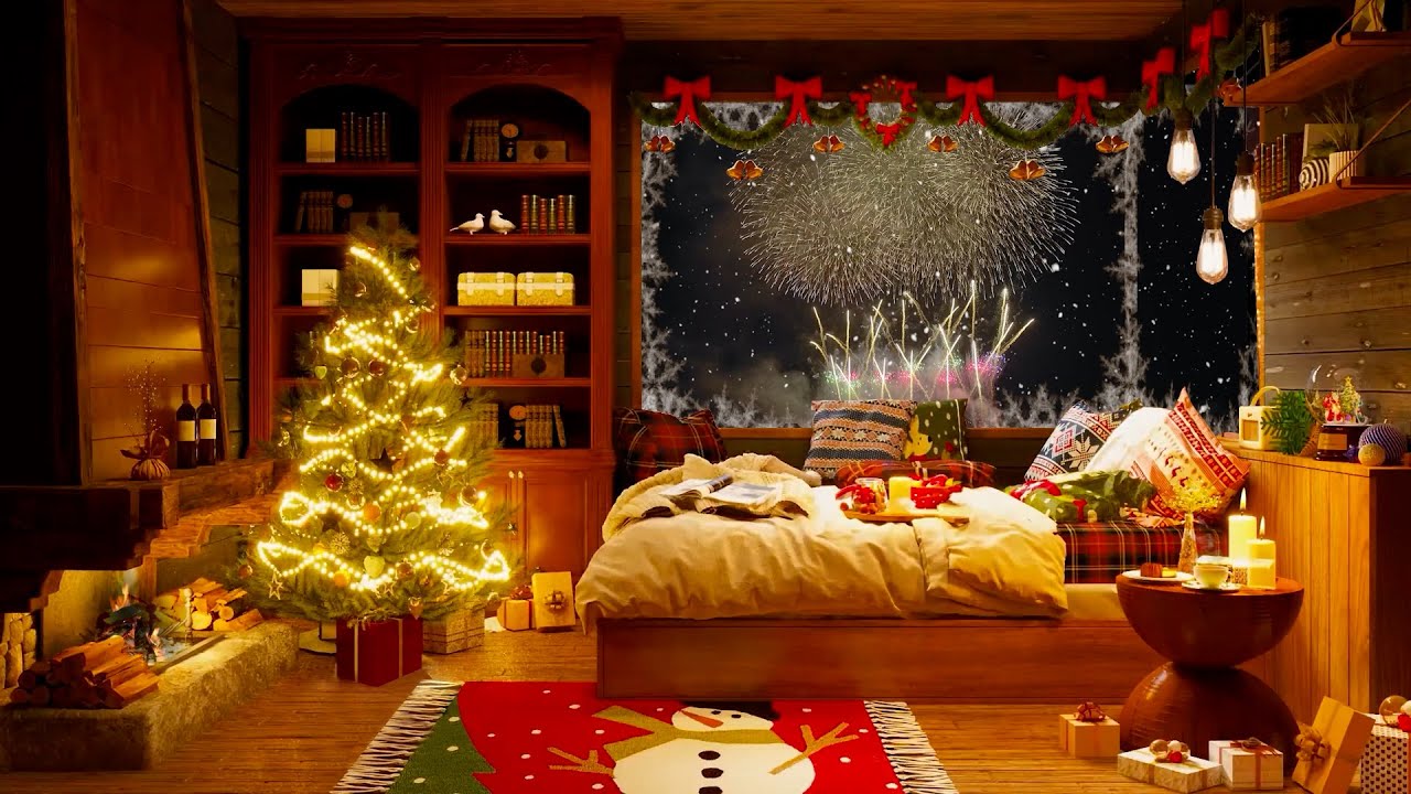 New years fireworks 2023 - Cozy bedroom with snowfall and relaxing ...