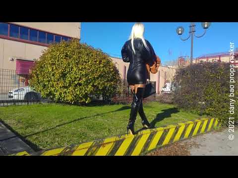 DANA LABO - my super wife, woman leather dress, shiny corsair boots high heels and gloves and jacket
