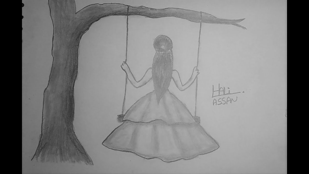How to Draw a girl Swinging in Tree Branch||Swinging Sketch |Step By ...