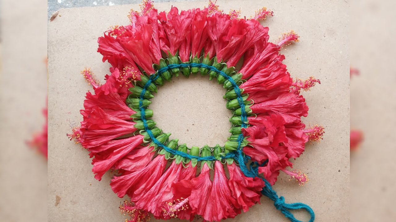 మందార పూల మాల//mandara poola mala//Hibiscus garland in different way ...