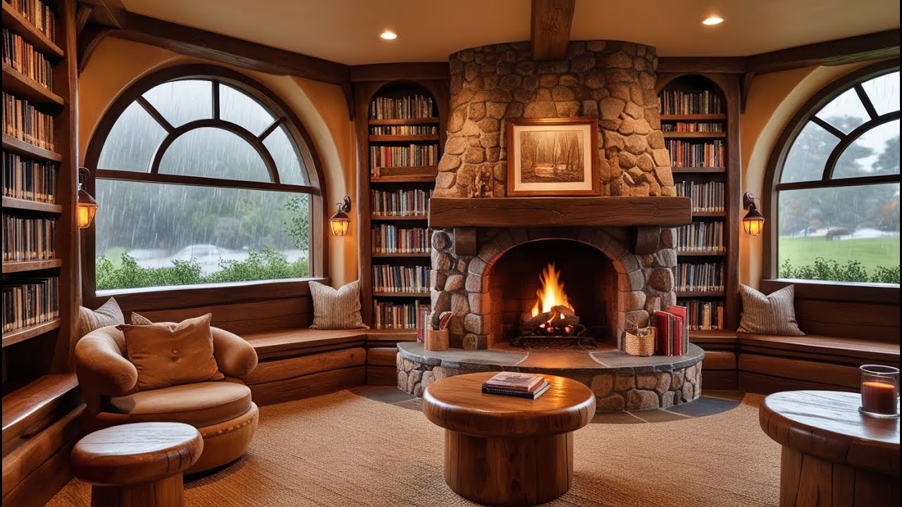 Rain & Fireplace Sounds | Warm & Cozy Hobbit Library | Sleep, Study ...