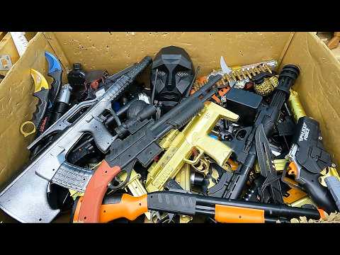 Crazy BB Guns & Tactical Weapons Box! Golden Pistols, Shotguns, Black Masks, Knives, Revolvers!