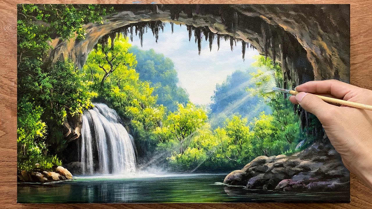How to paint landscapes - Acrylic paint / Cave entrance landscape / Art ...