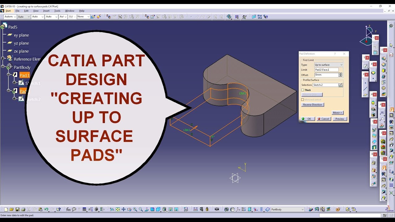 CATIA TUTORIAL/ PART DESIGN - CREATING UP TO SURFACE PADS COMMAND - YouTube