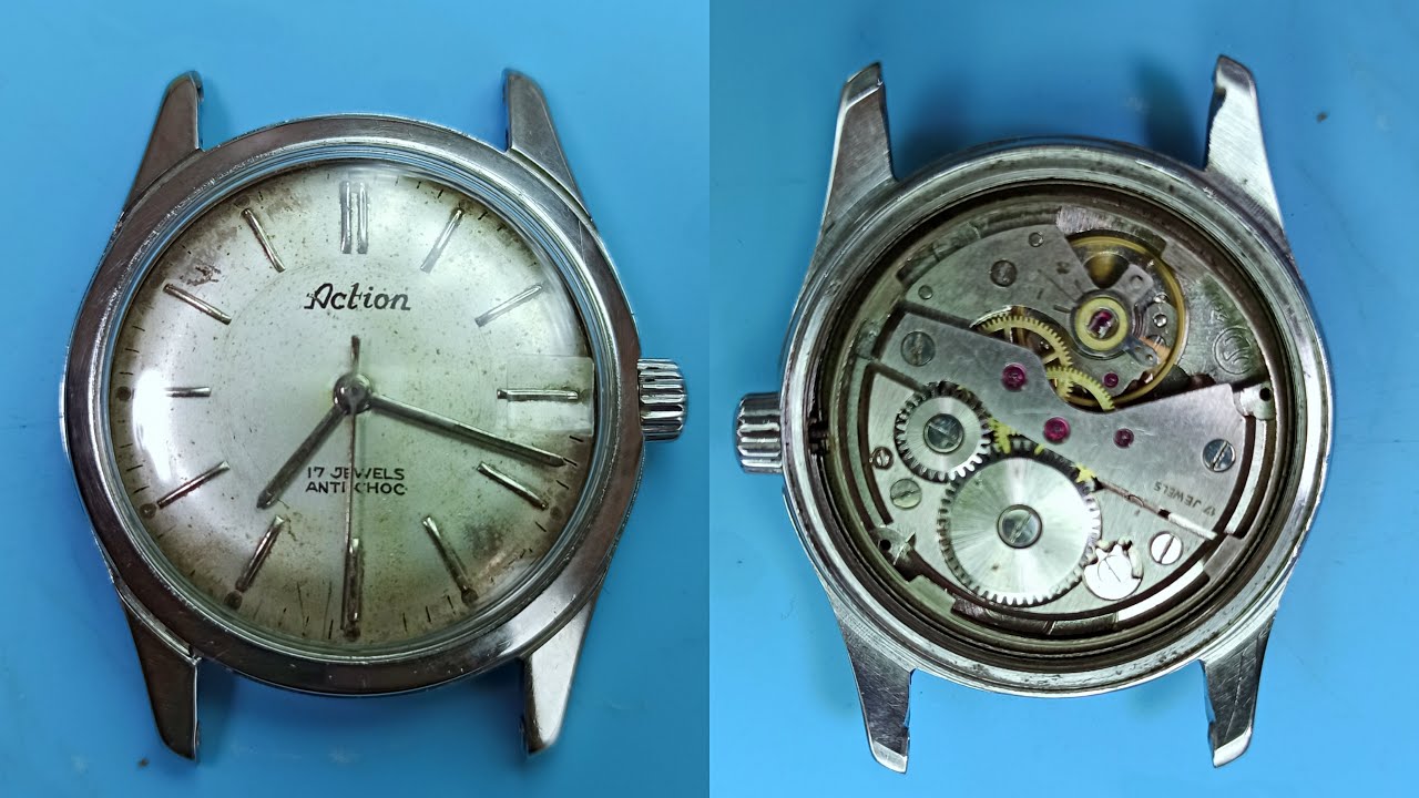保养60年代法国action 17钻手表，使用法国本地机芯Jeambrun 26D - YouTube