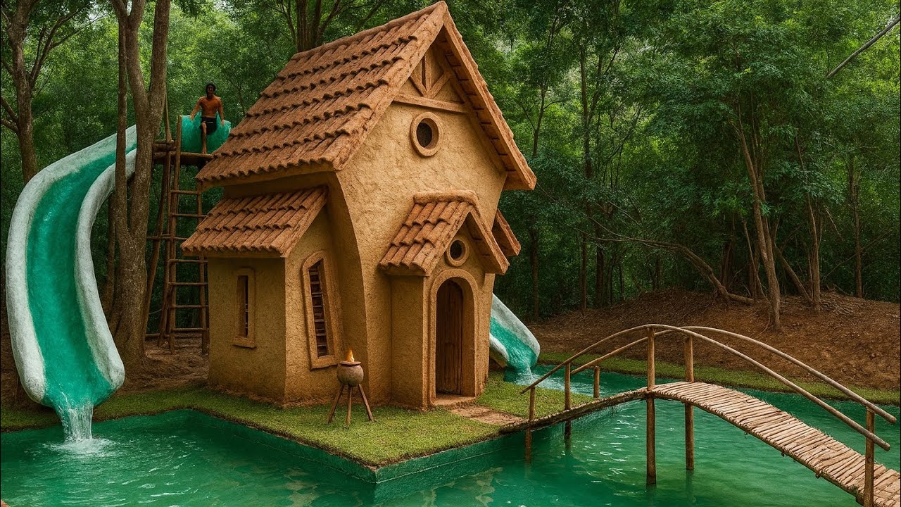 We Build Most Wonderful Mud Villa House and Twin Water Slide Around ...