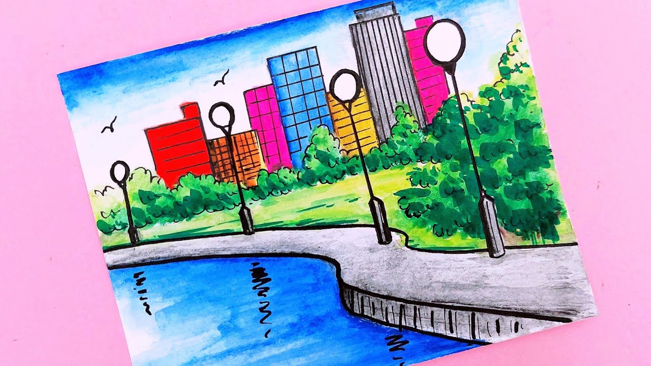 City Scenery Drawing || How to draw City Scenery Step by Step || শহরের ...