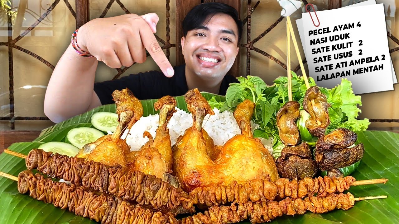 MUKBANG AYAM GORENG SAMBAL TERASI PAKE LALAPAN MENTAH + SATE KULIT ...