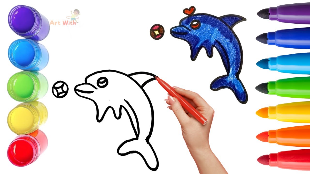 How To Draw cute Dolphin Drawing, Painting & Coloring For Kids and ...