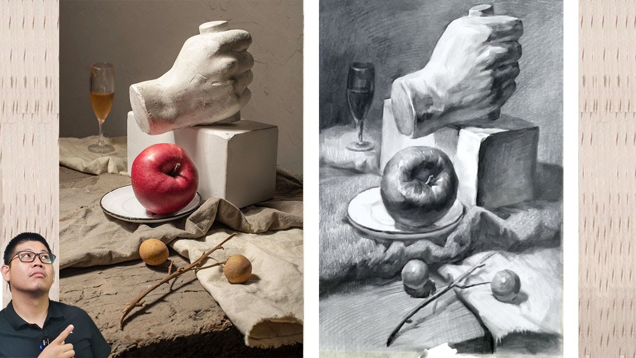 How to draw still life? |Gypsum hand|Apple|Longan|Cloth|Still life ...