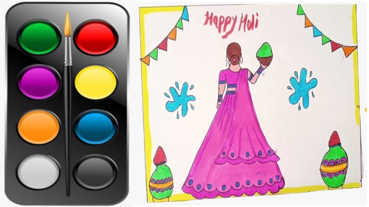 A Beautiful Traditional Girl Celebrating Holi Drawing, Holi Drawing ...